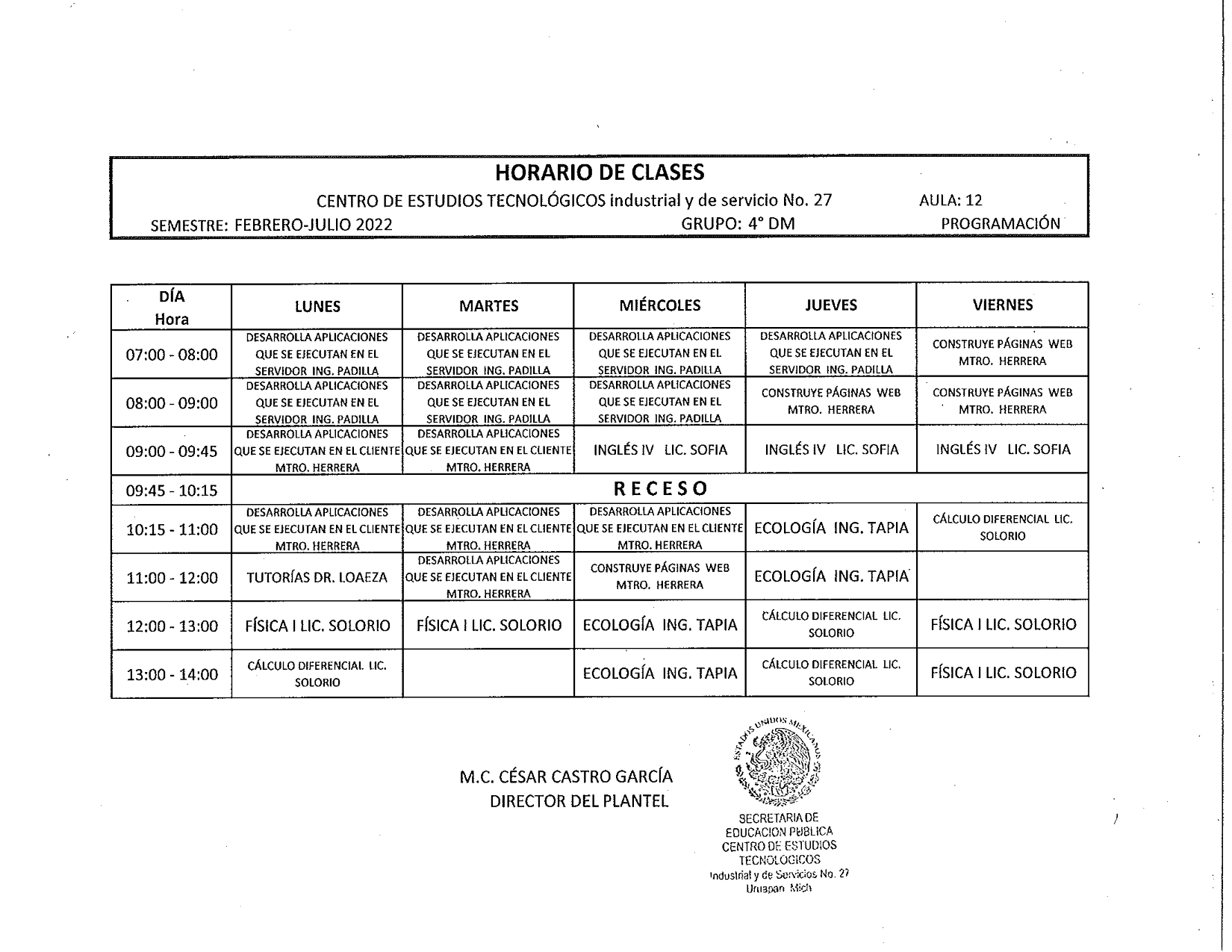 HORARIOS FEBRERO – JULIO – 2022 – CETis 27 "José María Morelos y Pavón"